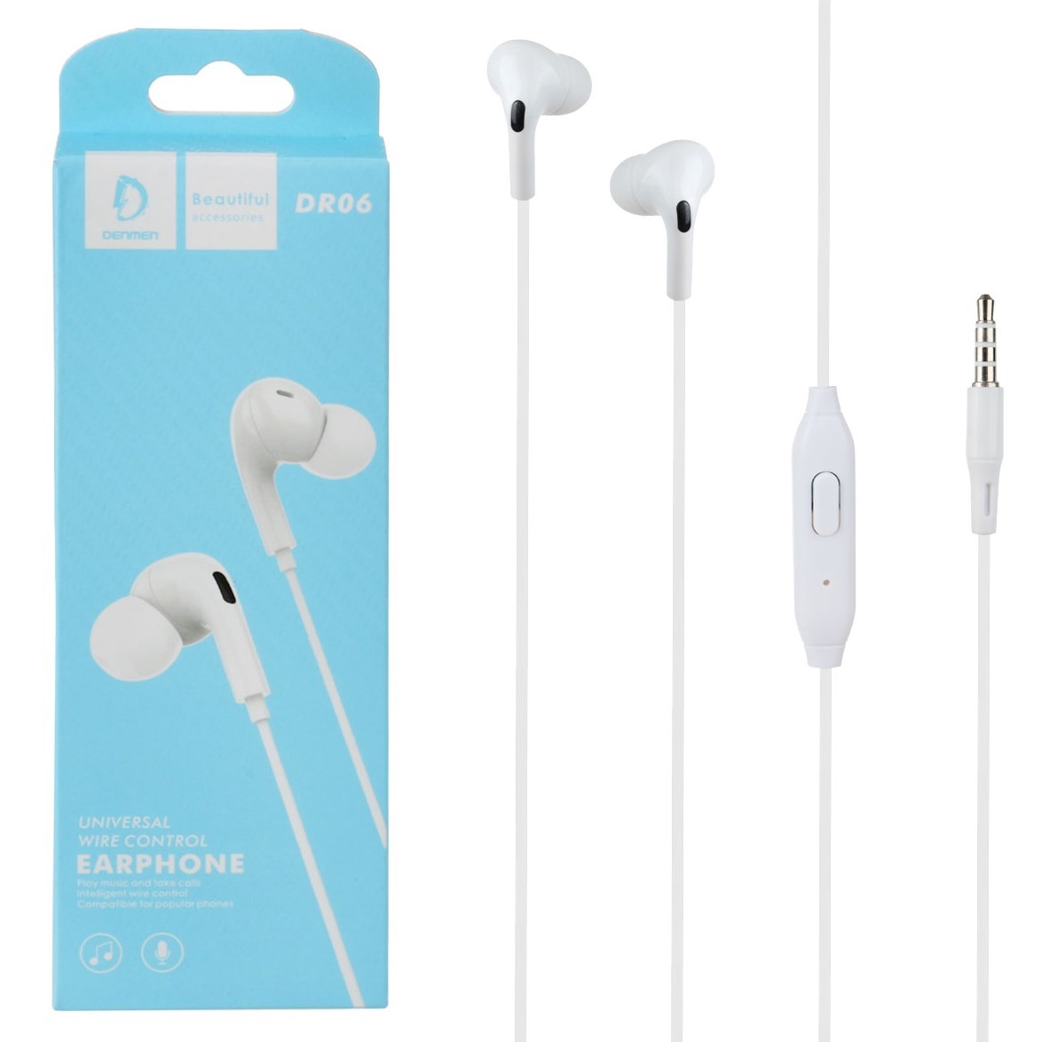 DENMEN DR06 UNIVERSAL WIRE CONTROL EARPHONE (BLACK/WHITE)