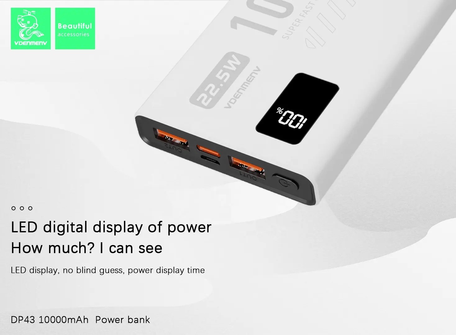 VDENMENV DP43 10000MAH 22.5W FAST CHARGE POWER BANK WHITE