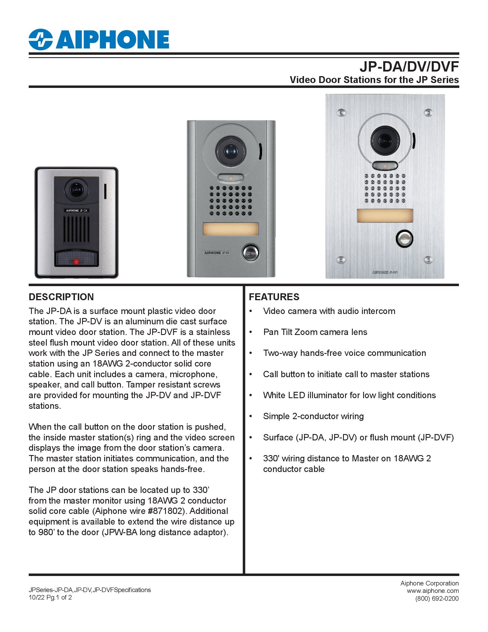 Aiphone Video Door Station JP-DV Video Door Station Office